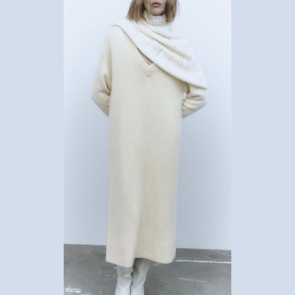 Zara | Dresses | Zara Cashmere V Neck Midi Dress Cream White | Poshmark